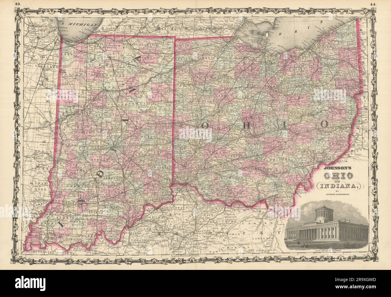 Johnson's Ohio & Indiana. US state map showing counties 1861 old ...