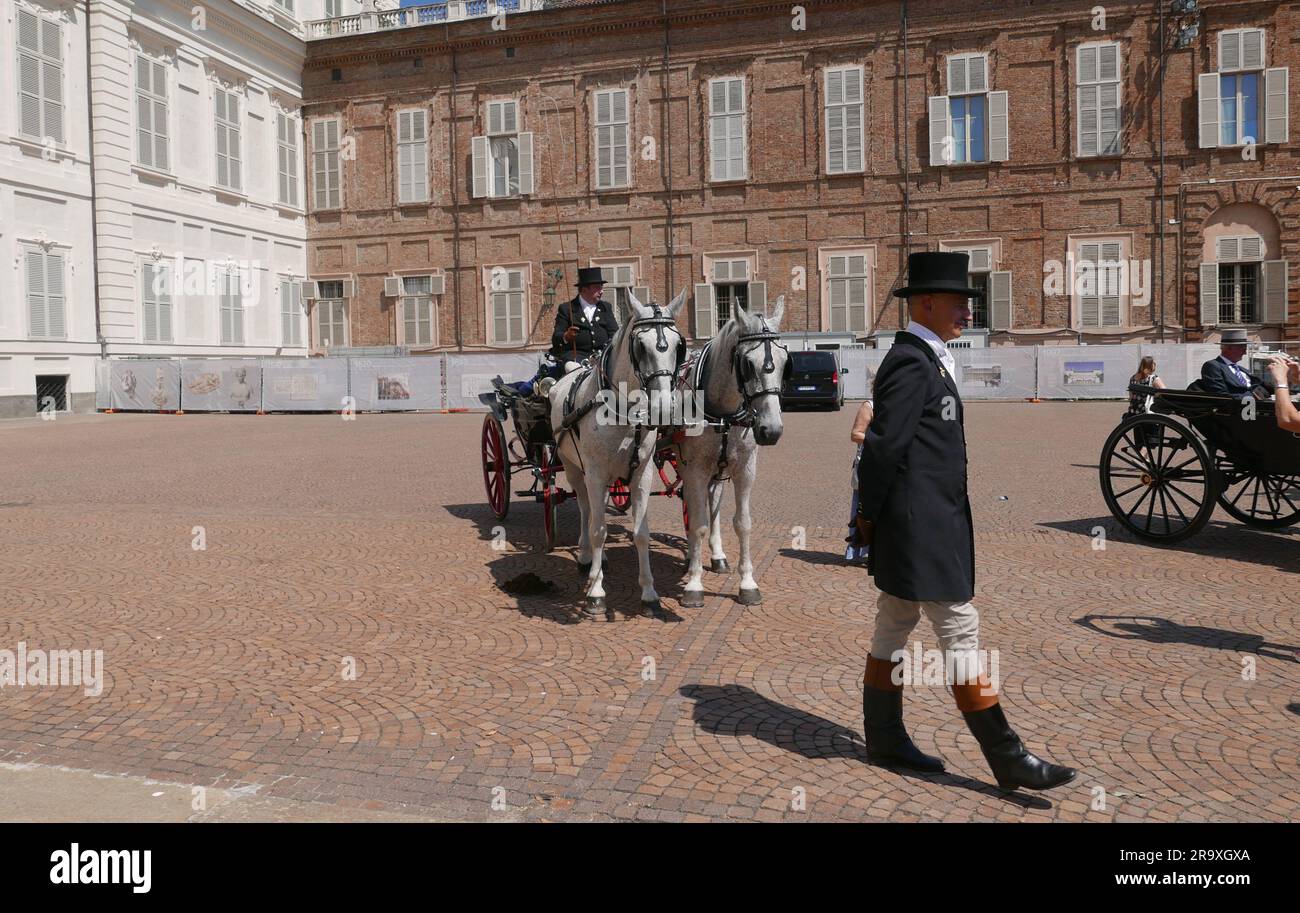 TURIN, ITALY - JUNE 24, 2023: Historical horse carriage parade in the ...