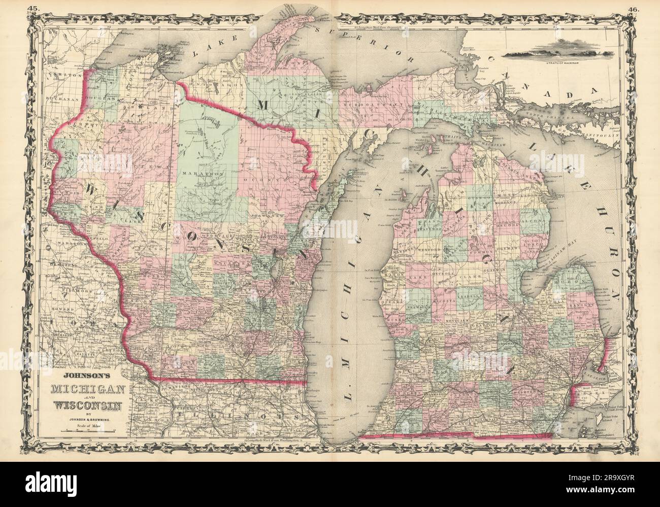 Johnson's Wisconsin & Michigan. State map showing counties. Great Lakes ...