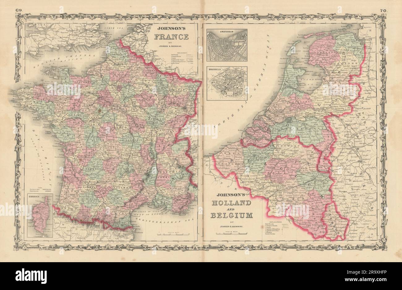 Johnson's France, Holland & Belgium. 2 maps on one sheet. Benelux 1861 ...