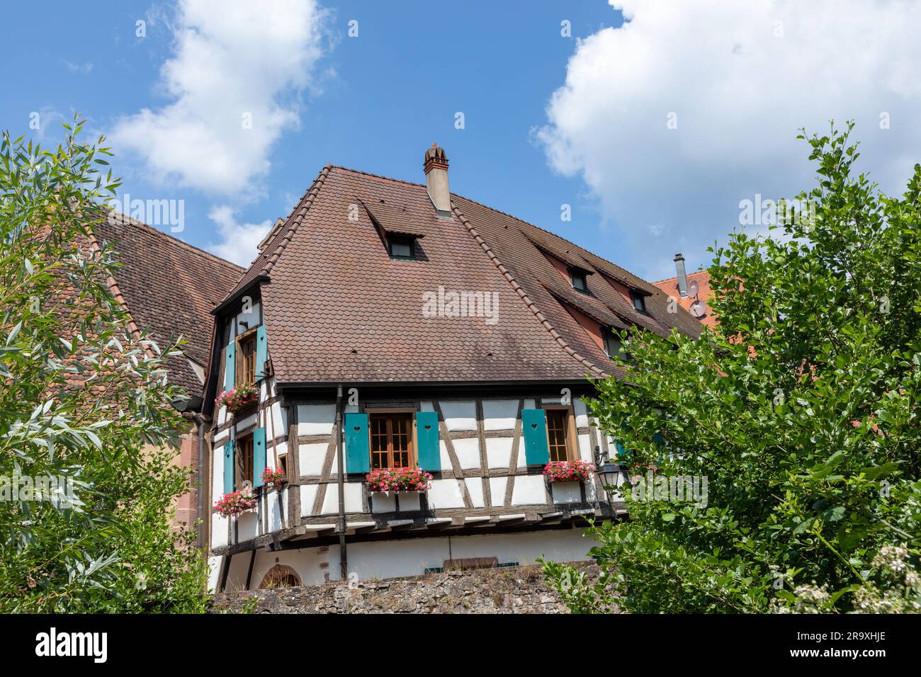 A picturesque colorful view of half-timber buildings with shops and ...