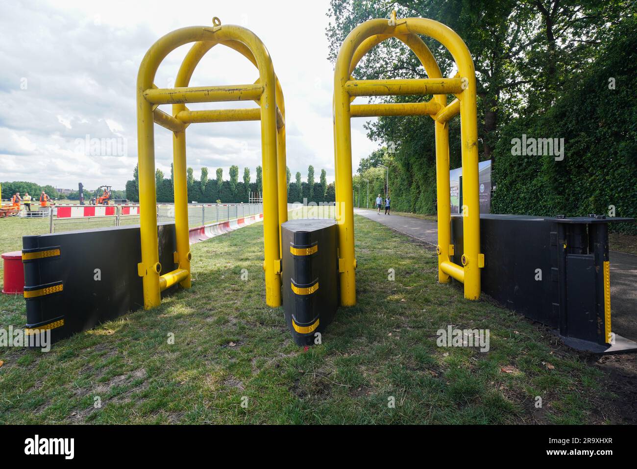 London UK. 29 June 2023 Large metal gates are placed as preventative ...