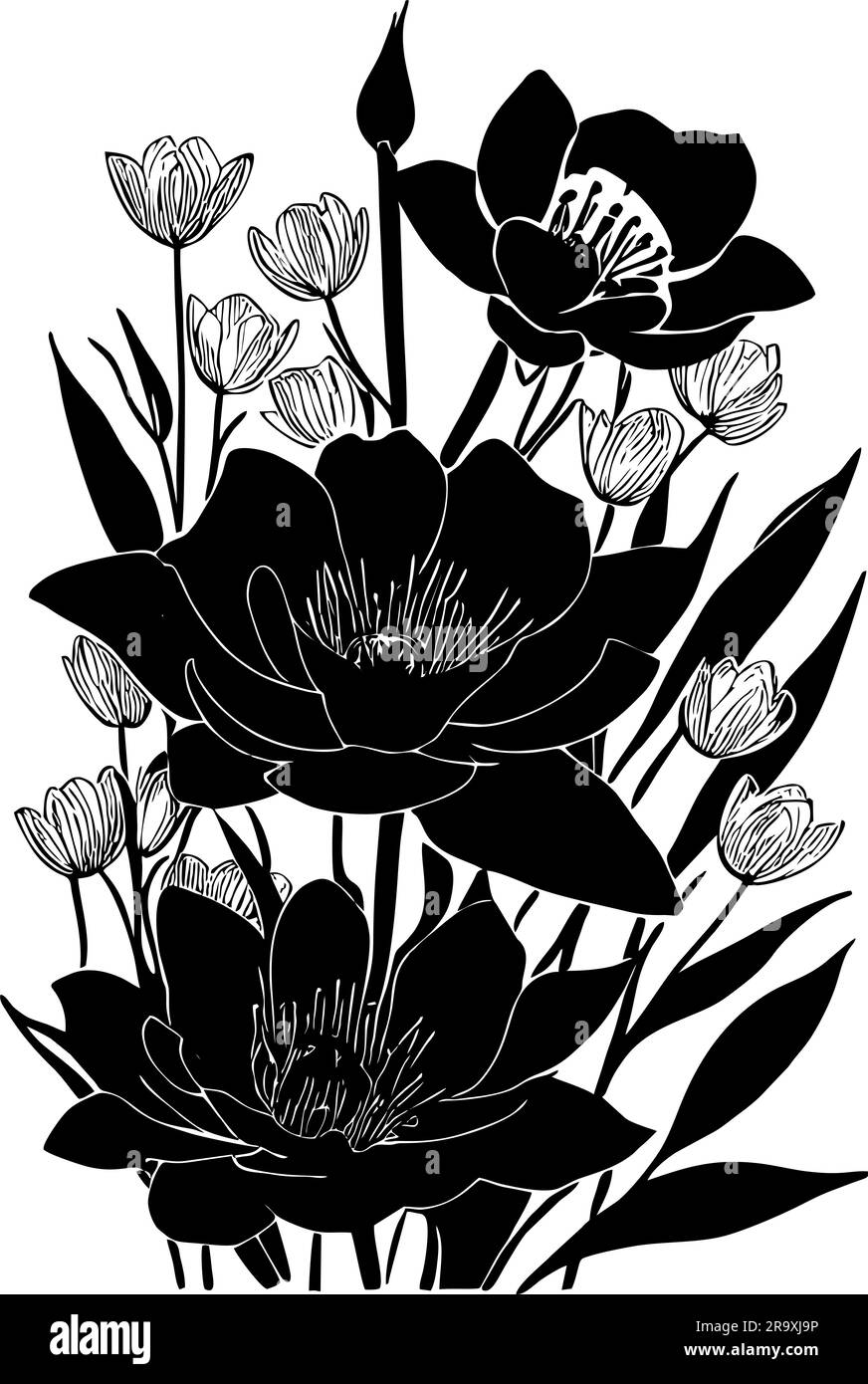 black graphic drawing of a bouquet of flowers on a white background ...