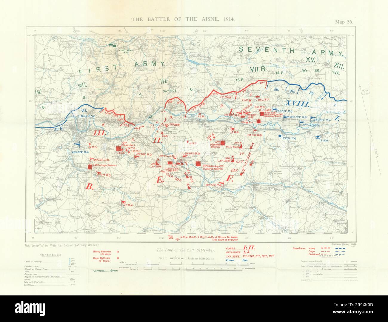 The Battle of the Aisne, 1914. First World War. 1933 old vintage map ...