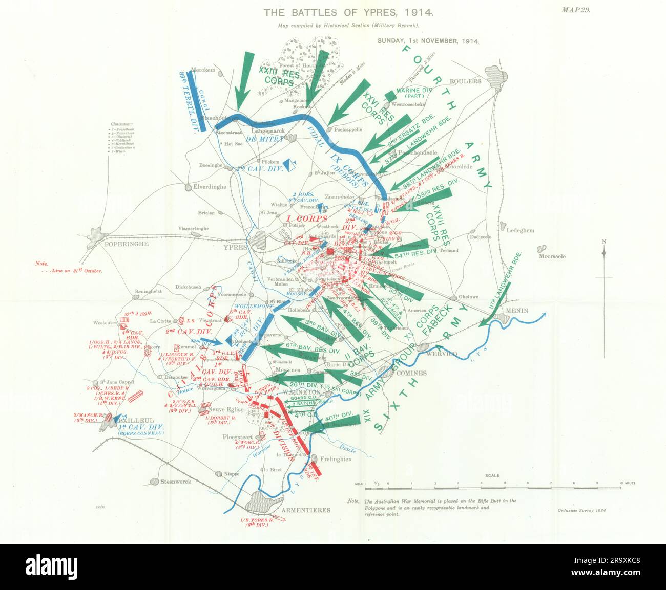 Battle of Ypres, 1st November, 1914. First World War. 1933 old vintage ...