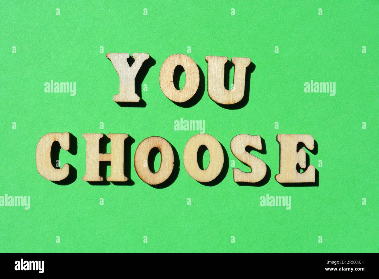 You Choose, words in wooden alphabet letters isolated on bright green ...