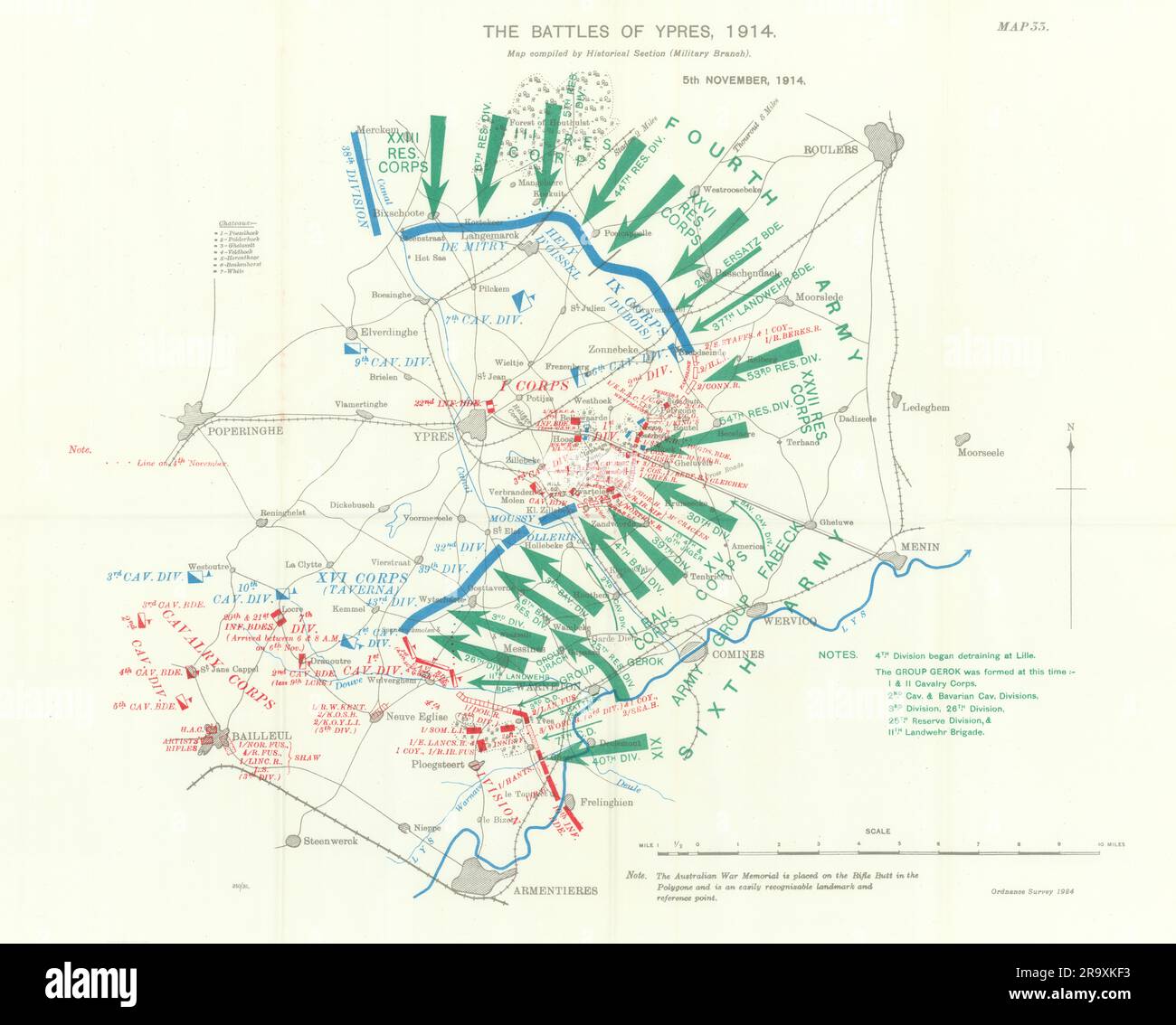 Battle of Ypres 1914. 5th November, 1914. First World War. 1933 old map ...
