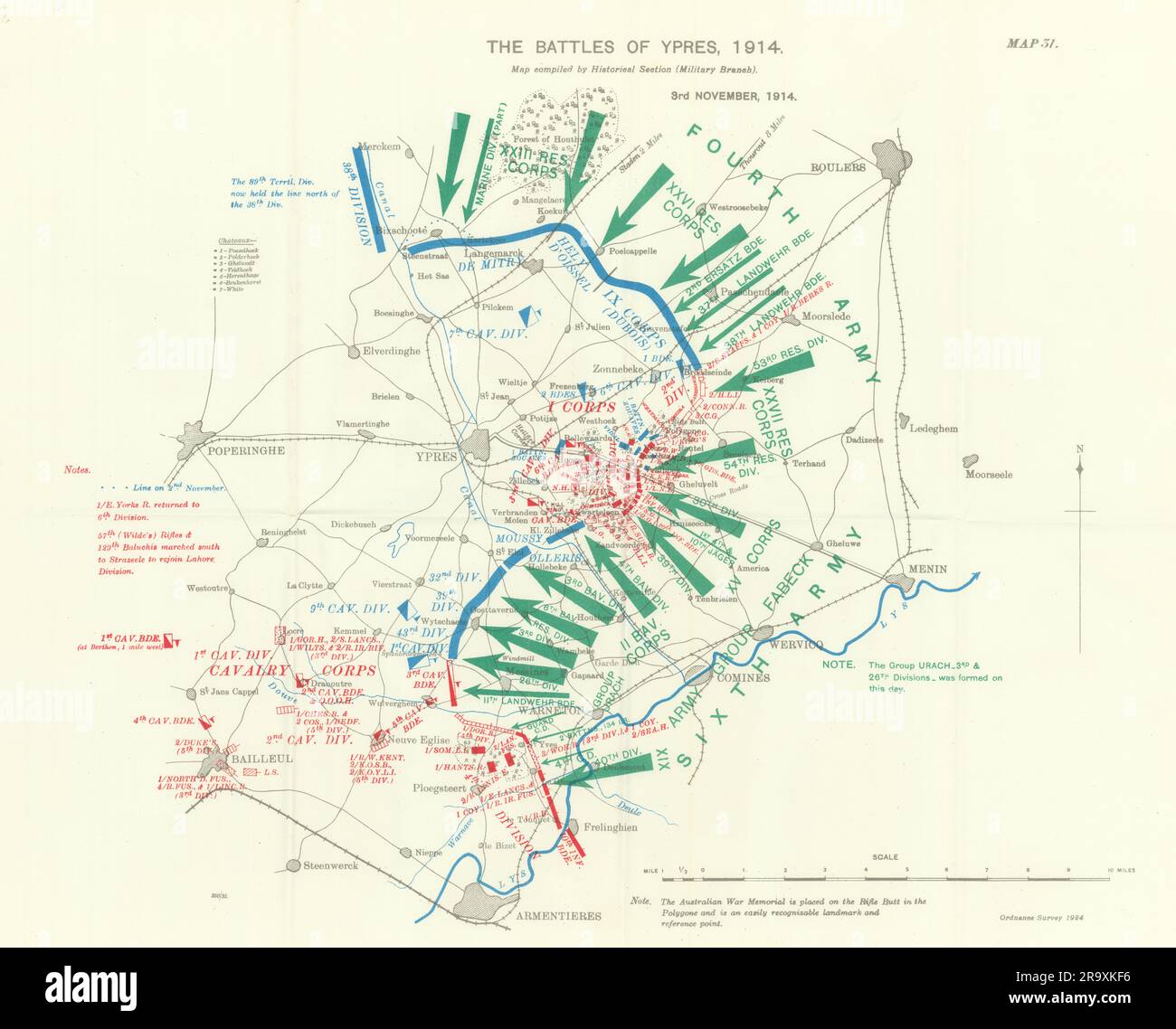 Battle of Ypres 1914. 3rd November, 1914. First World War. 1933 old map ...