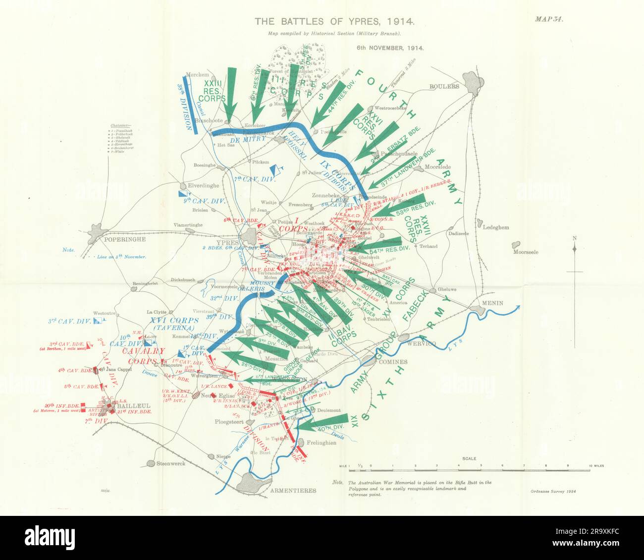 Battle of Ypres 1914. 6th November, 1914. First World War. 1933 old map ...