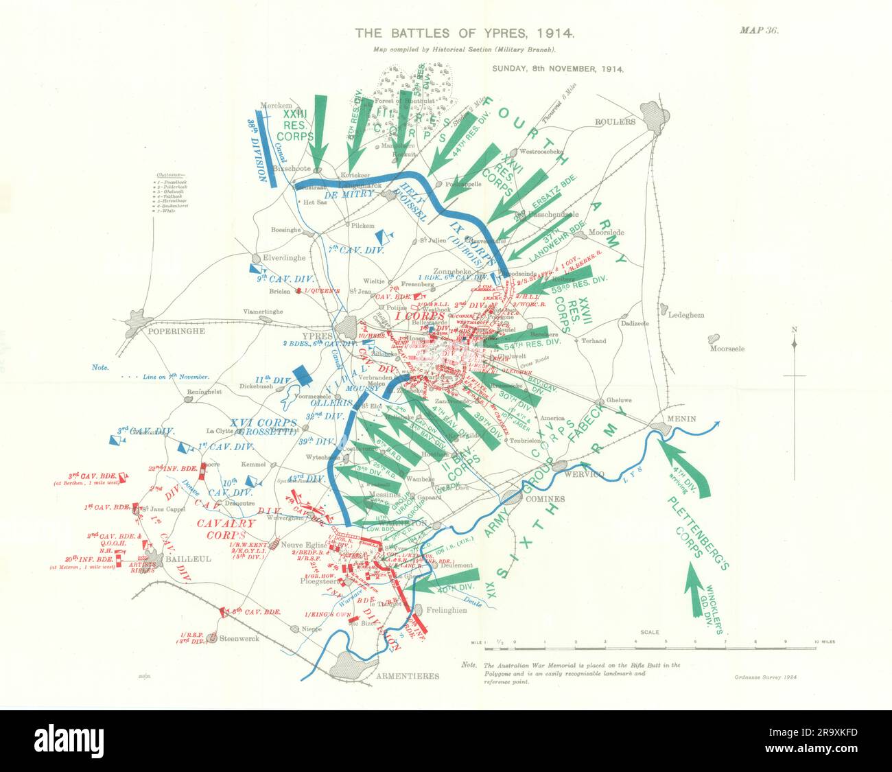 Battle of Ypres, 8th November, 1914. First World War. 1933 old vintage ...