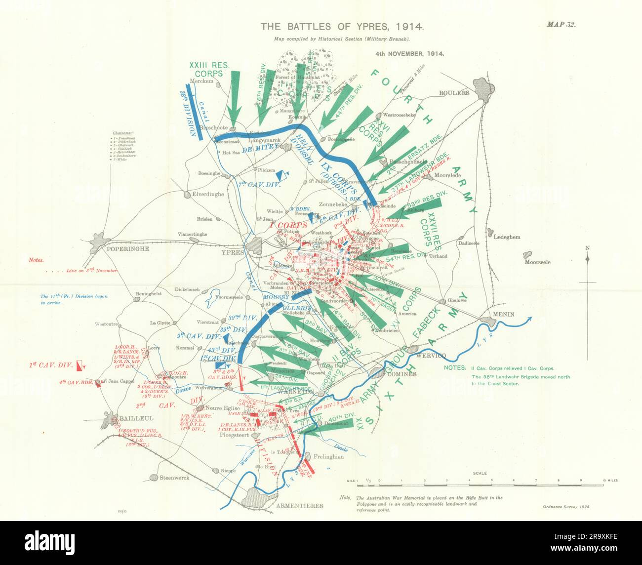 Battle of Ypres 1914. 4th November, 1914. First World War. 1933 old map ...