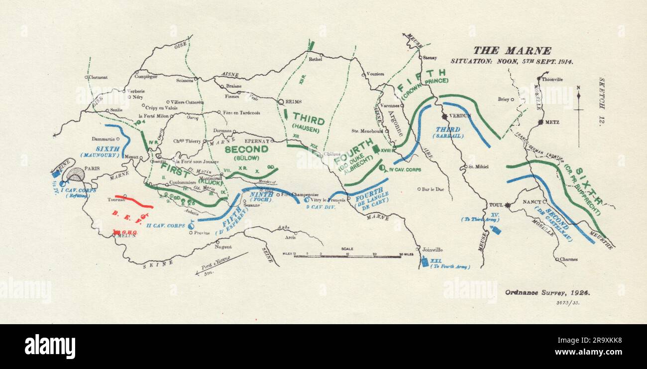 Battle of the Marne. Situation noon, 5th Sept 1914. WW1. 1933 old ...
