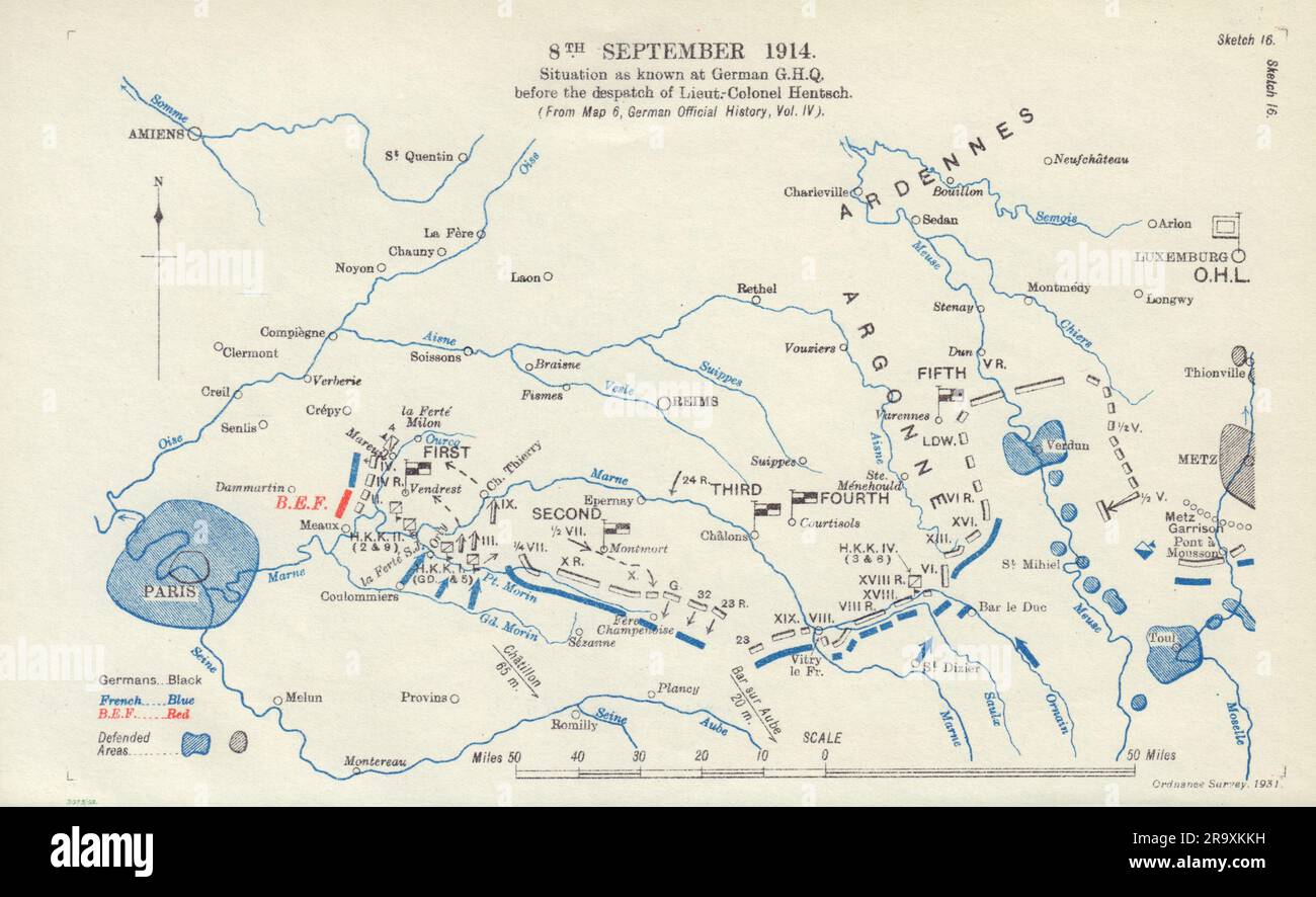 Battle of the Marne 8th September 1914. Situation as known at German HQ ...