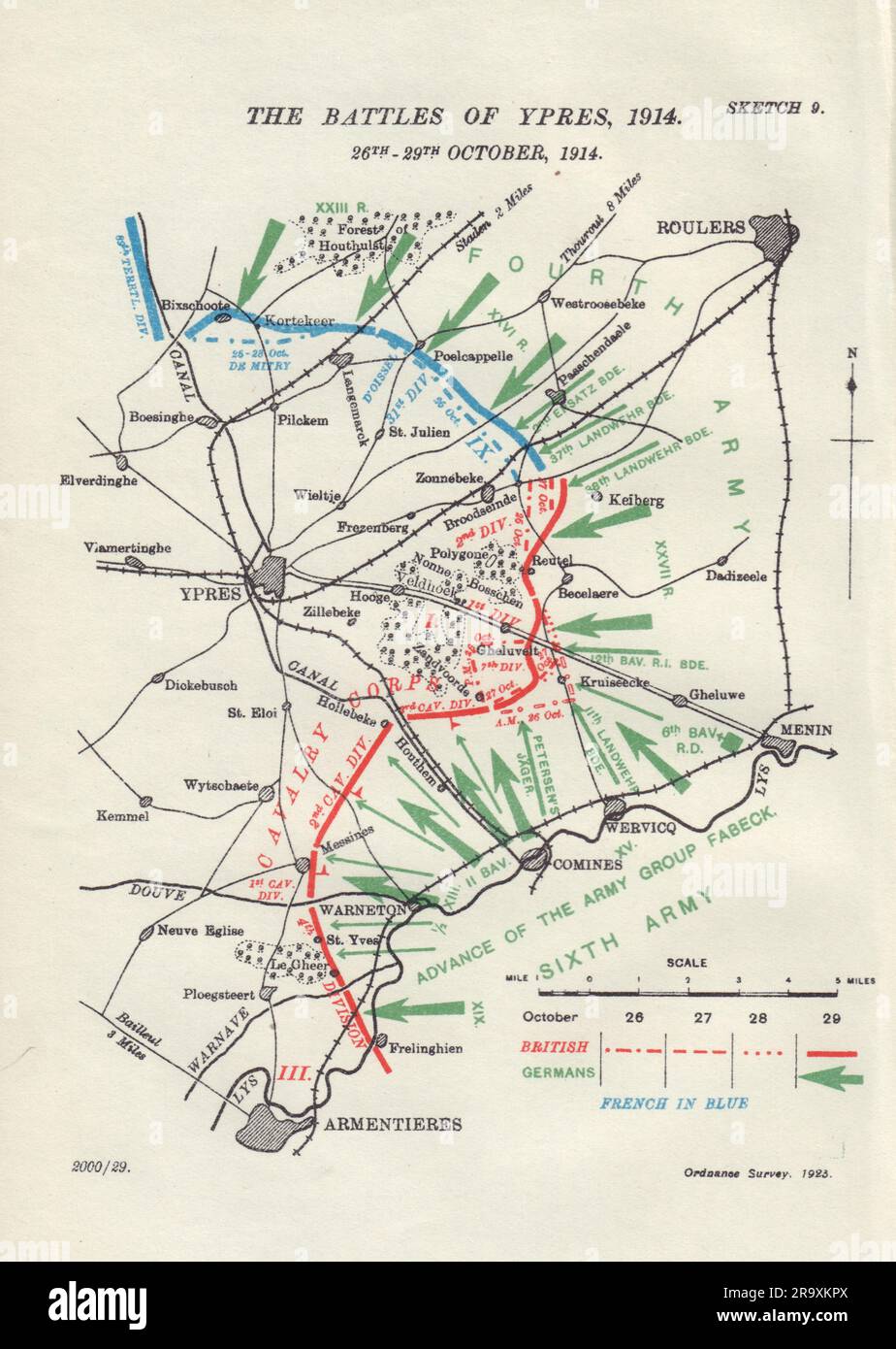 Battle of Ypres, 26th-29th October, 1914. First World War. 1925 old map ...