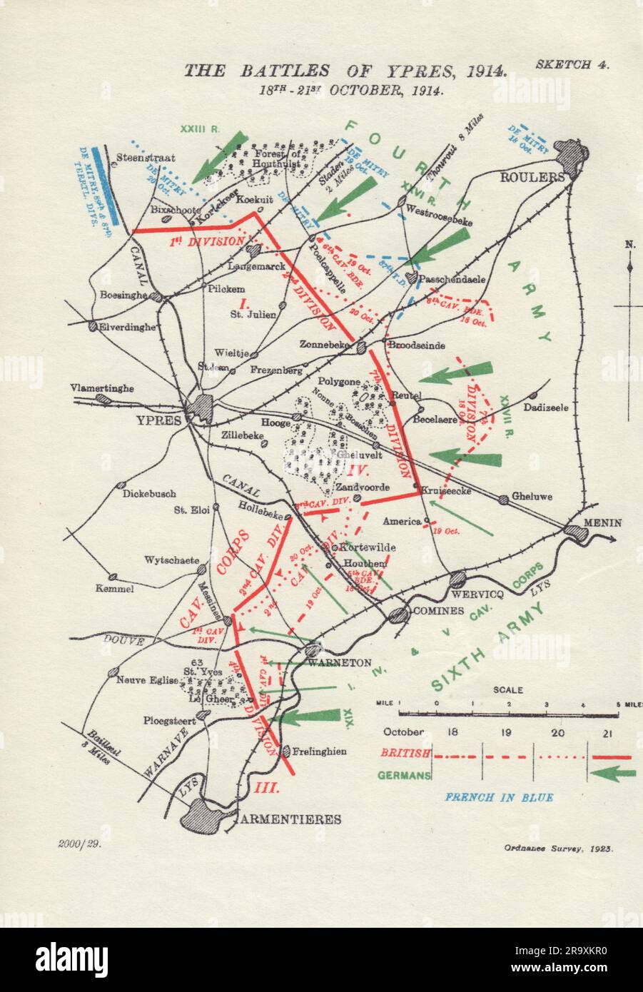 Battle of Ypres. 18th-21st October, 1914. First World War. 1925 old map ...