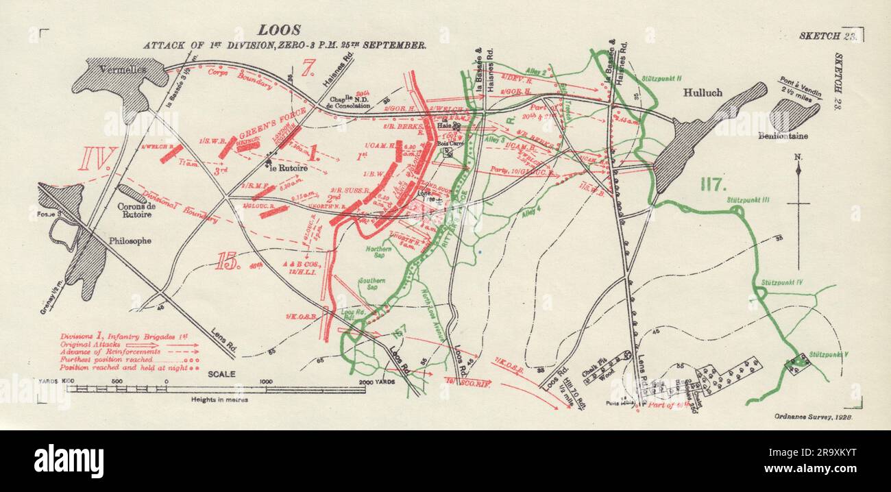 Battle of Loos, 1st Division attack, Zero-3pm 25th Sept 1915. Trenches ...