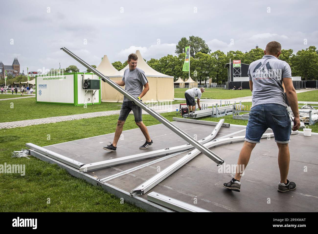 AMSTERDAM - 29/06/2023, The construction of the Keti Koti Festival on the Museumplein. The ...