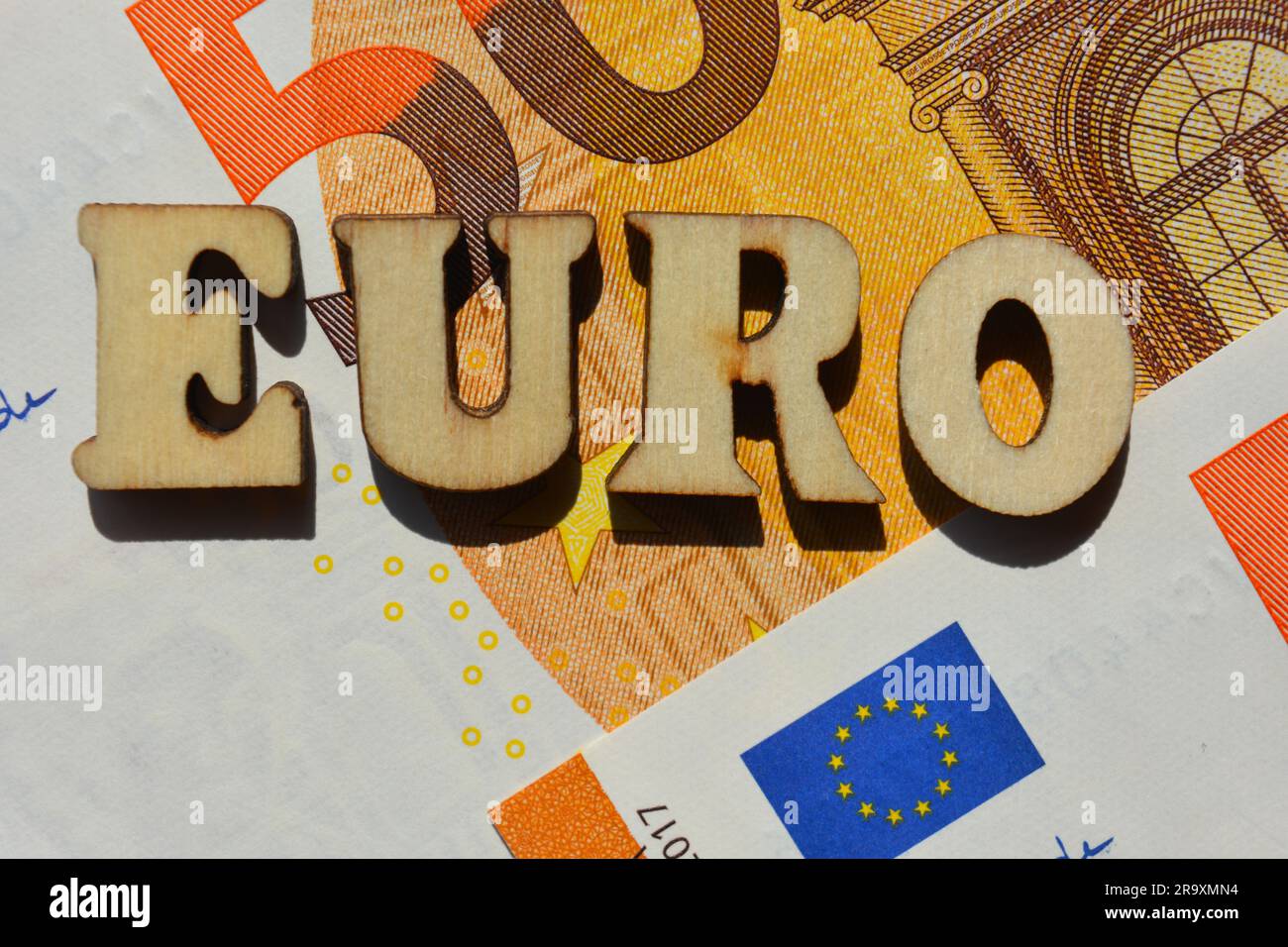Euro, word in wooden alphabet letters isolated on background of fifty ...