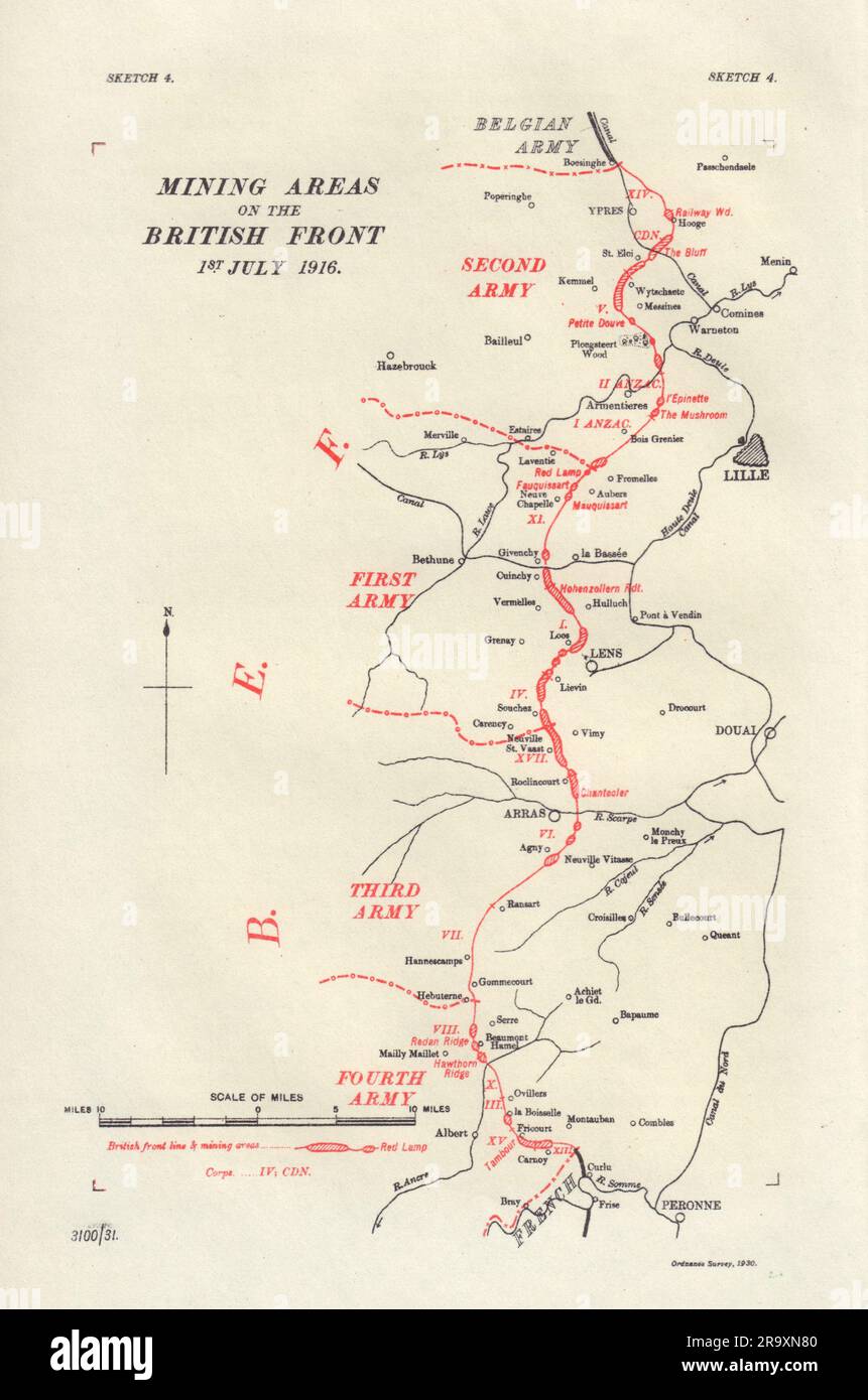 Mining Areas on British Front, 1st July 1916. First World War. 1932 old ...
