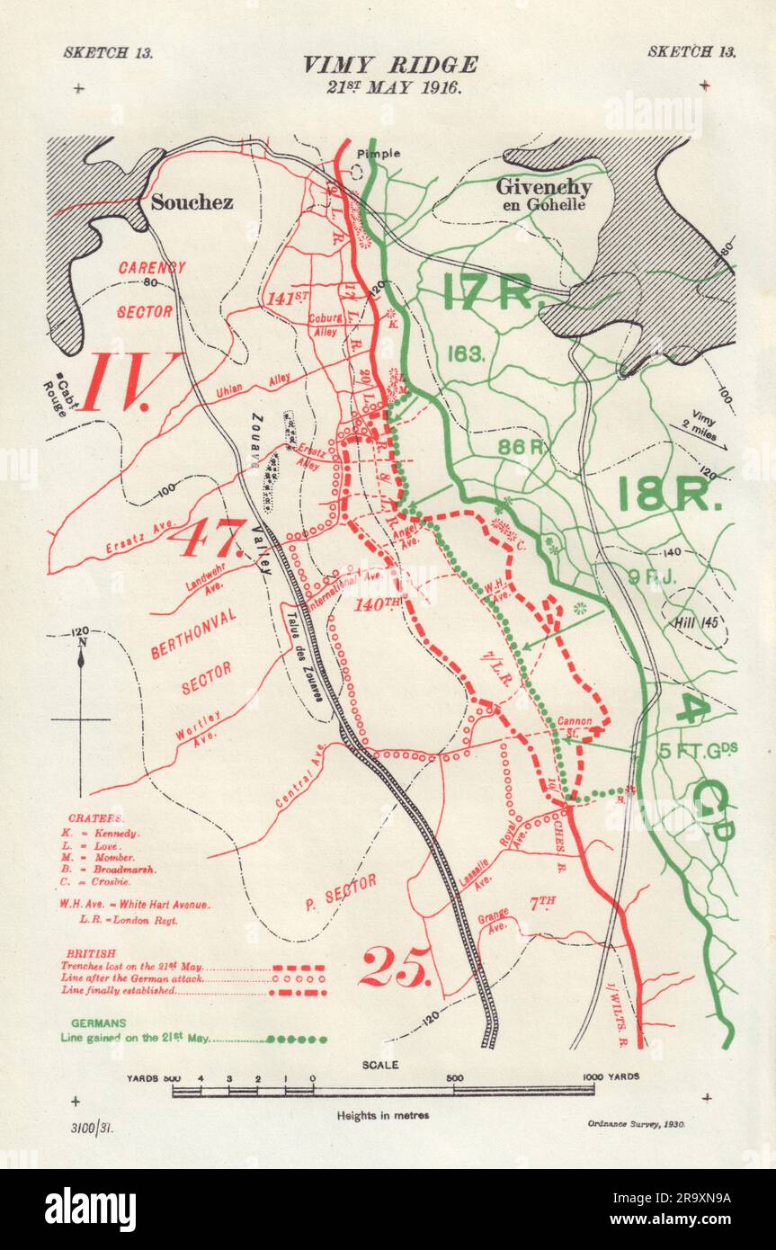 Battle of Vimy Ridge, 21st May 1916. First World War. Trenches 1932 old ...