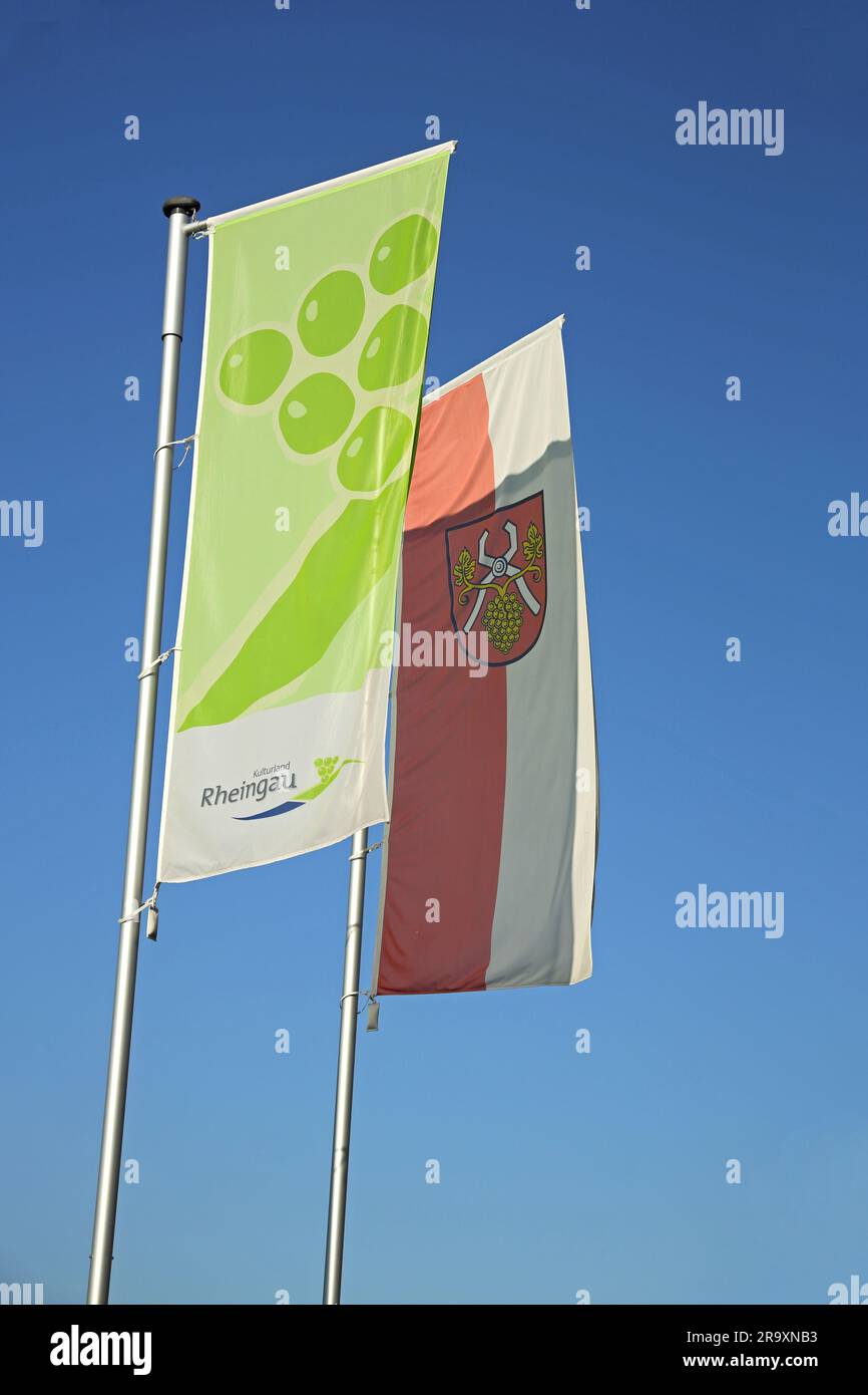 Two flags with inscription Kulturland Rheingau and city flag of ...