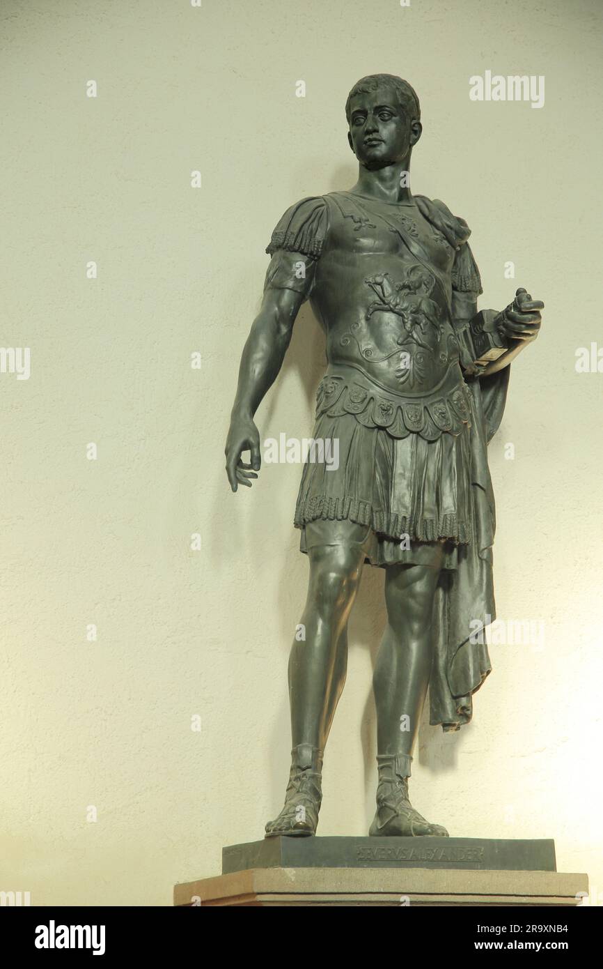 Roman figure with robe in the UNESCO Roman fort Saalburg, Taunus, Hesse ...