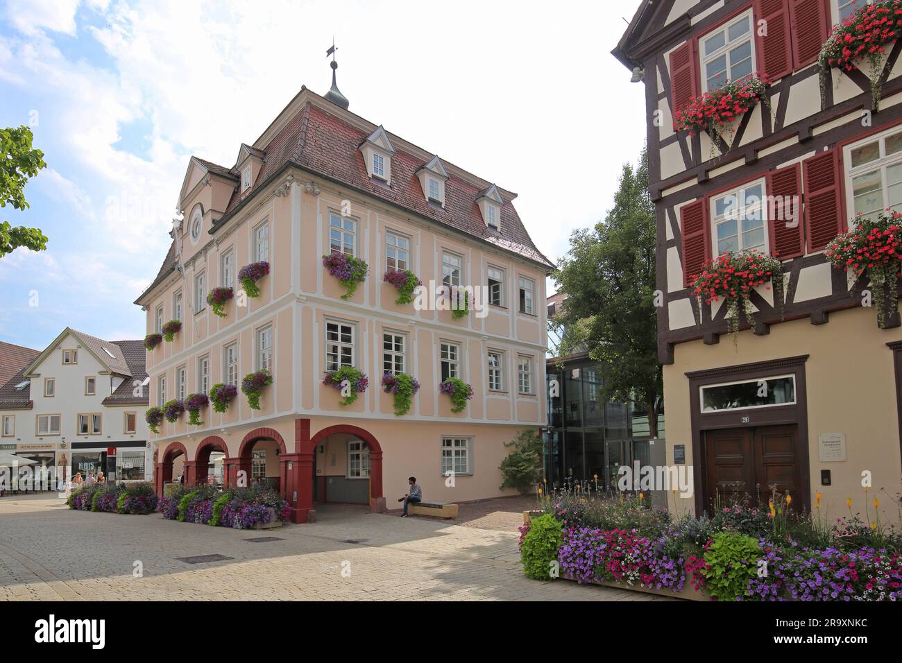 Baroque town hall and floral decoration on half-timbered house, Nagold ...