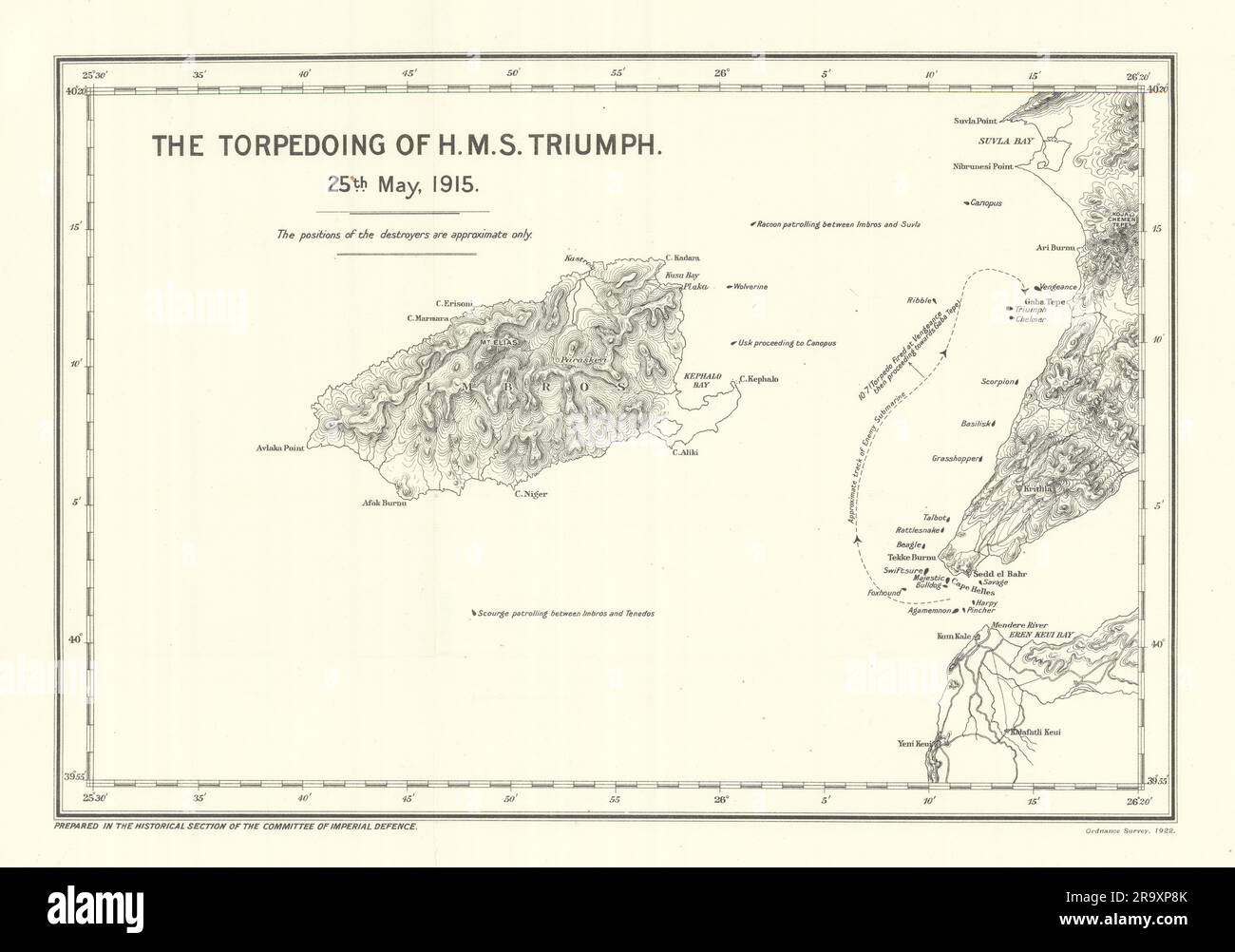 HMS Triumph torpedoing. 25th May, 1915. Gallipoli Campaign. Gokceada ...