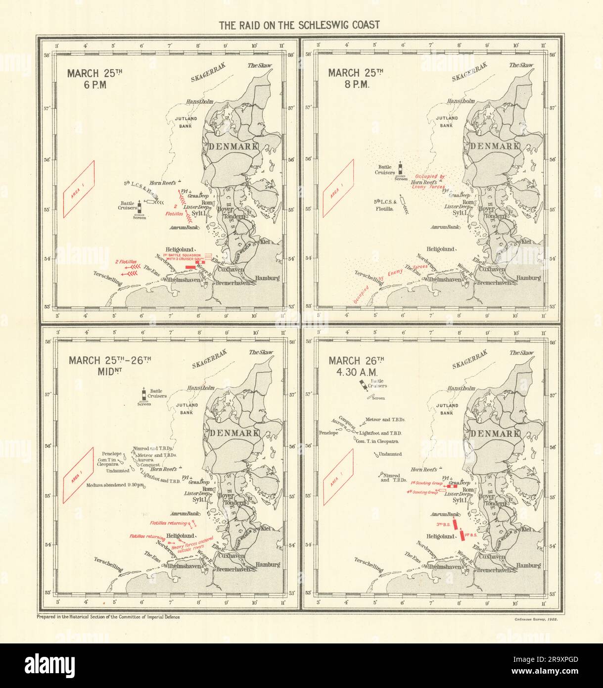 Schleswig Raid March 1916. First World War. 1923 old vintage map plan ...
