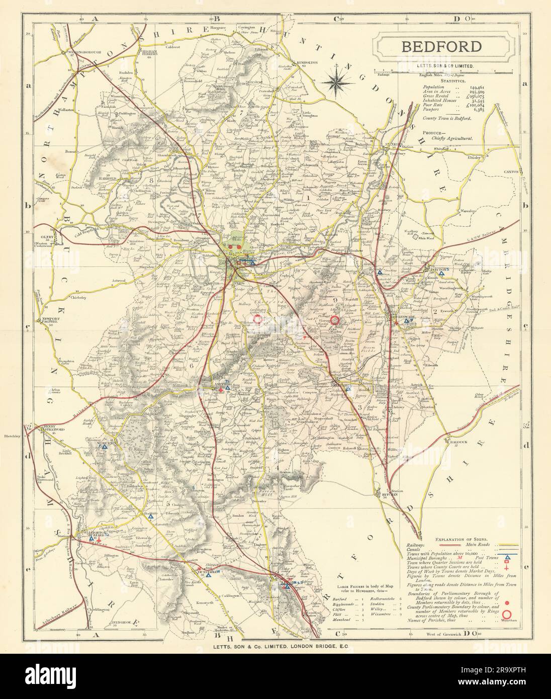 Bedfordshire county map showing Post Towns & Market Days. LETTS 1884 ...