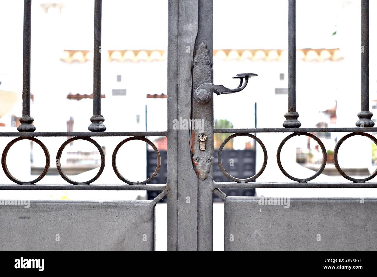 Forged steel gate with bars, handle and lock, locked up, entrance to an ...