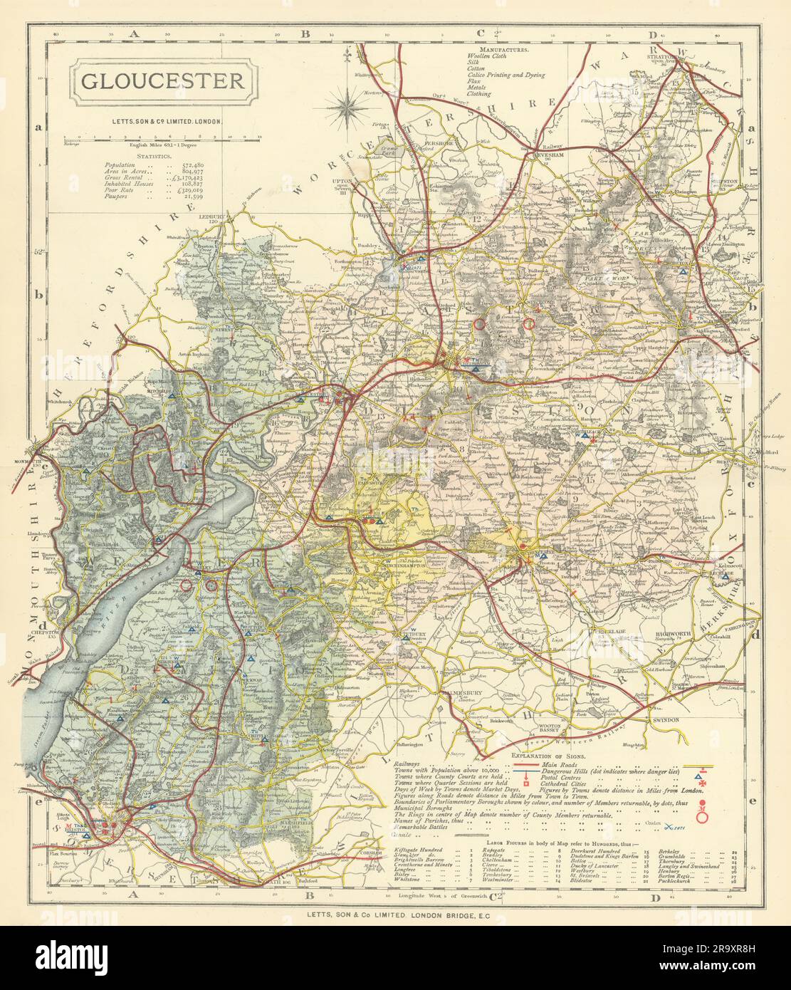 Gloucestershire county map showing Post Towns & Market Days. LETTS 1884 ...