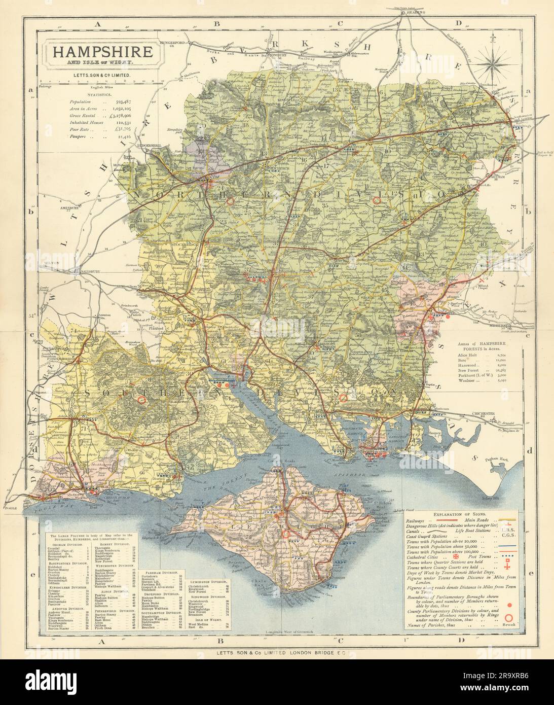 Hampshire county map showing Post Towns & Market Days. LETTS 1884 old ...