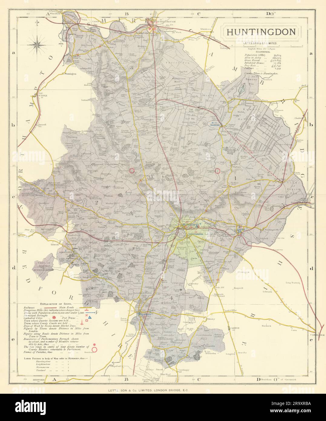 Huntingdonshire county map showing Post Towns & Market Days. LETTS 1884 ...