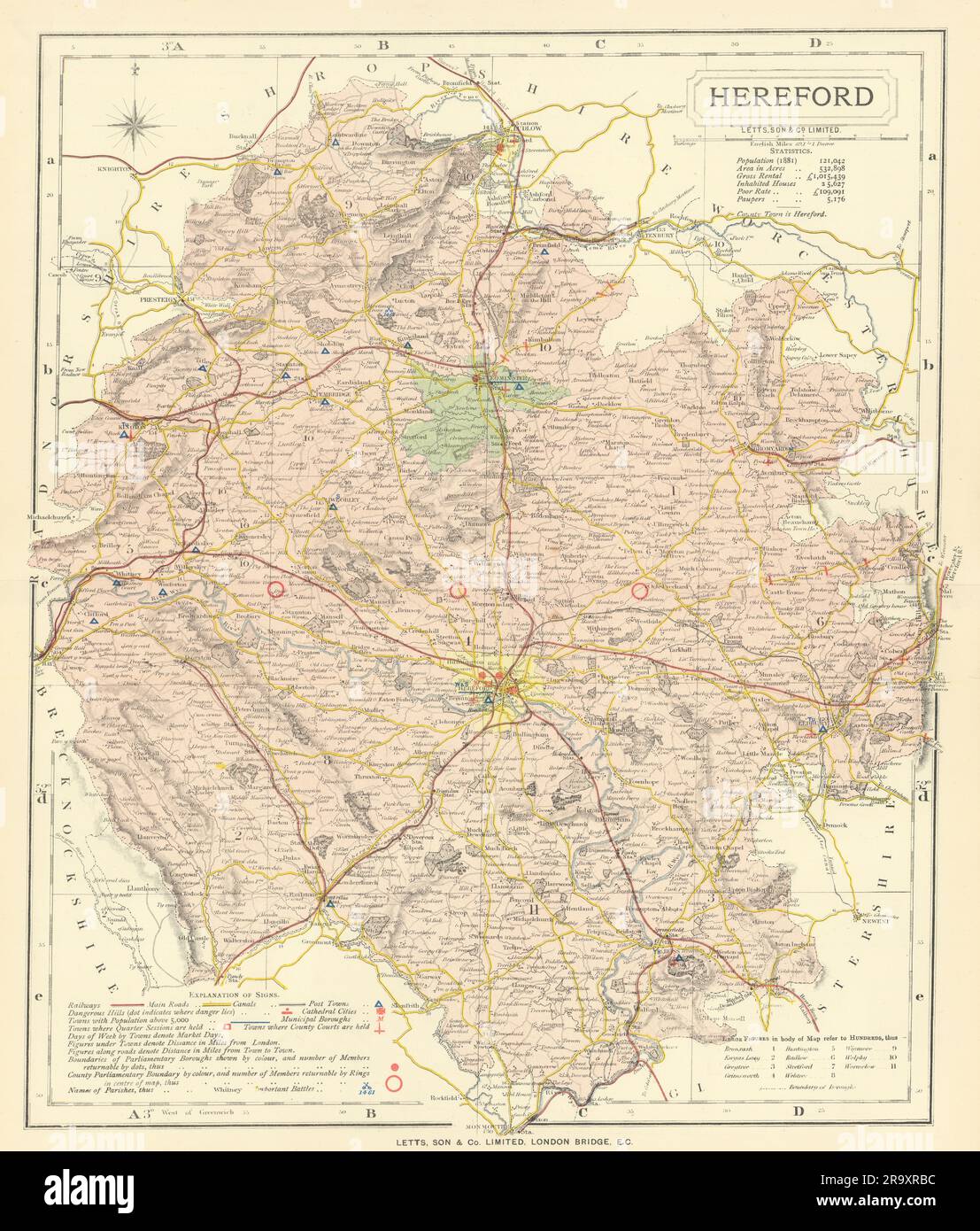 Herefordshire county map showing Post Towns & Market Days. LETTS 1884 ...