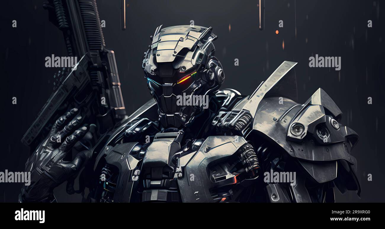 Abstract dark armored cyborg background. Futuristic robot with weapon ...