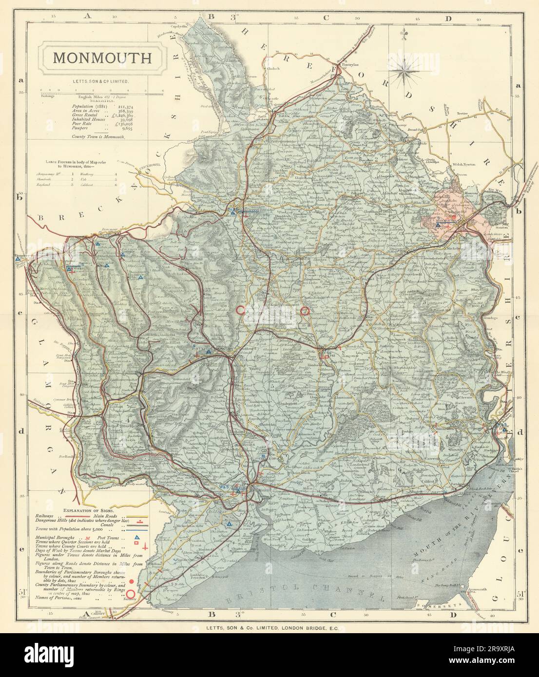 Monmouthshire county map showing Post Towns & Market Days. LETTS 1884 ...