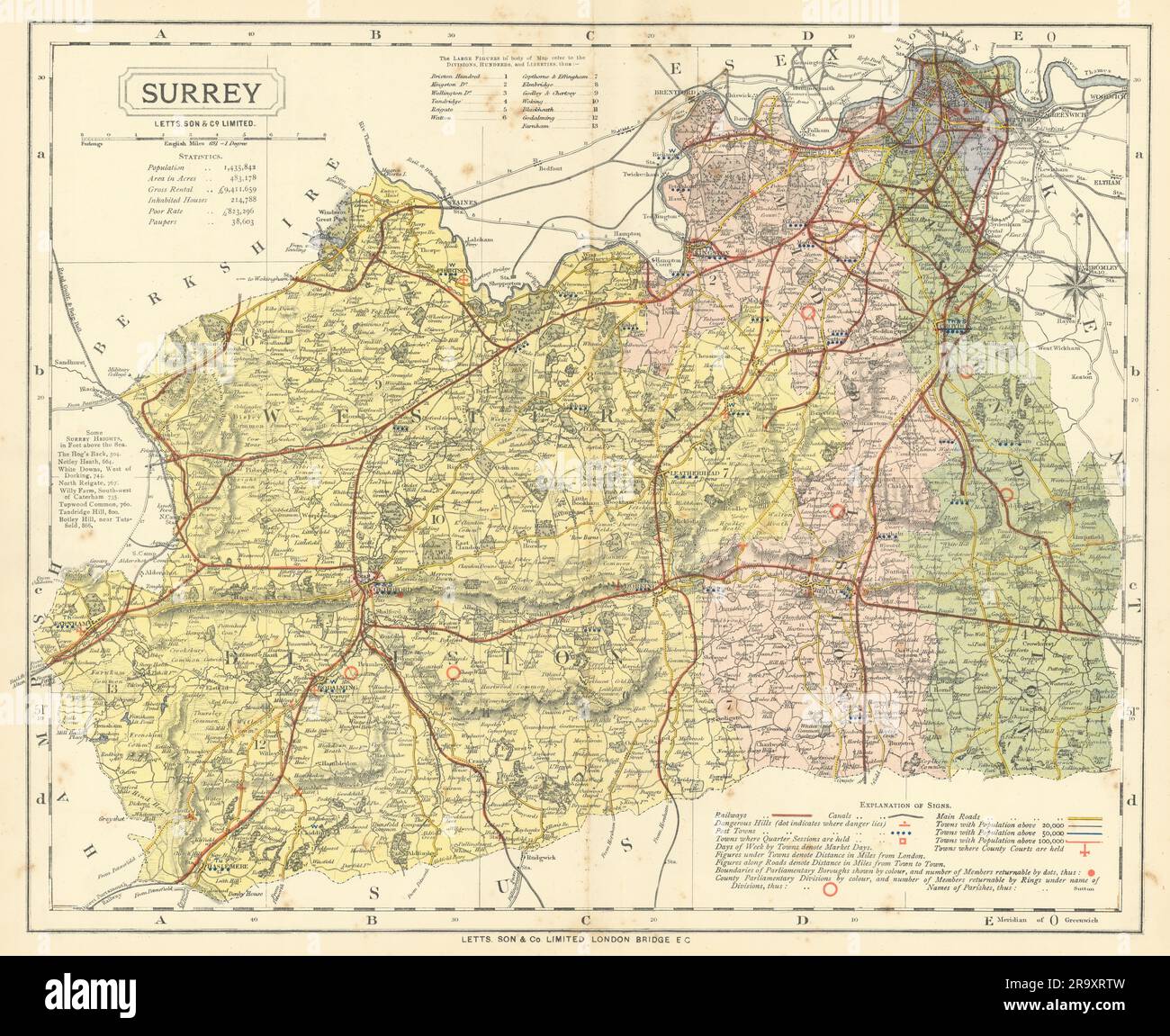 Surrey county map showing Post Towns & Market Days. LETTS 1884 old antique Stock Photo - Alamy