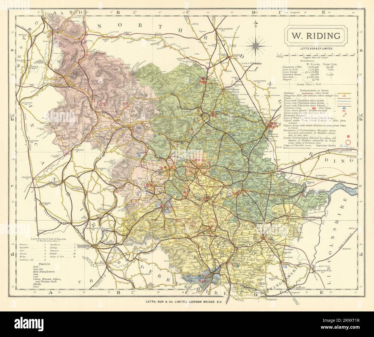 Yorkshire, West Riding county map showing Post Towns & Market Days ...
