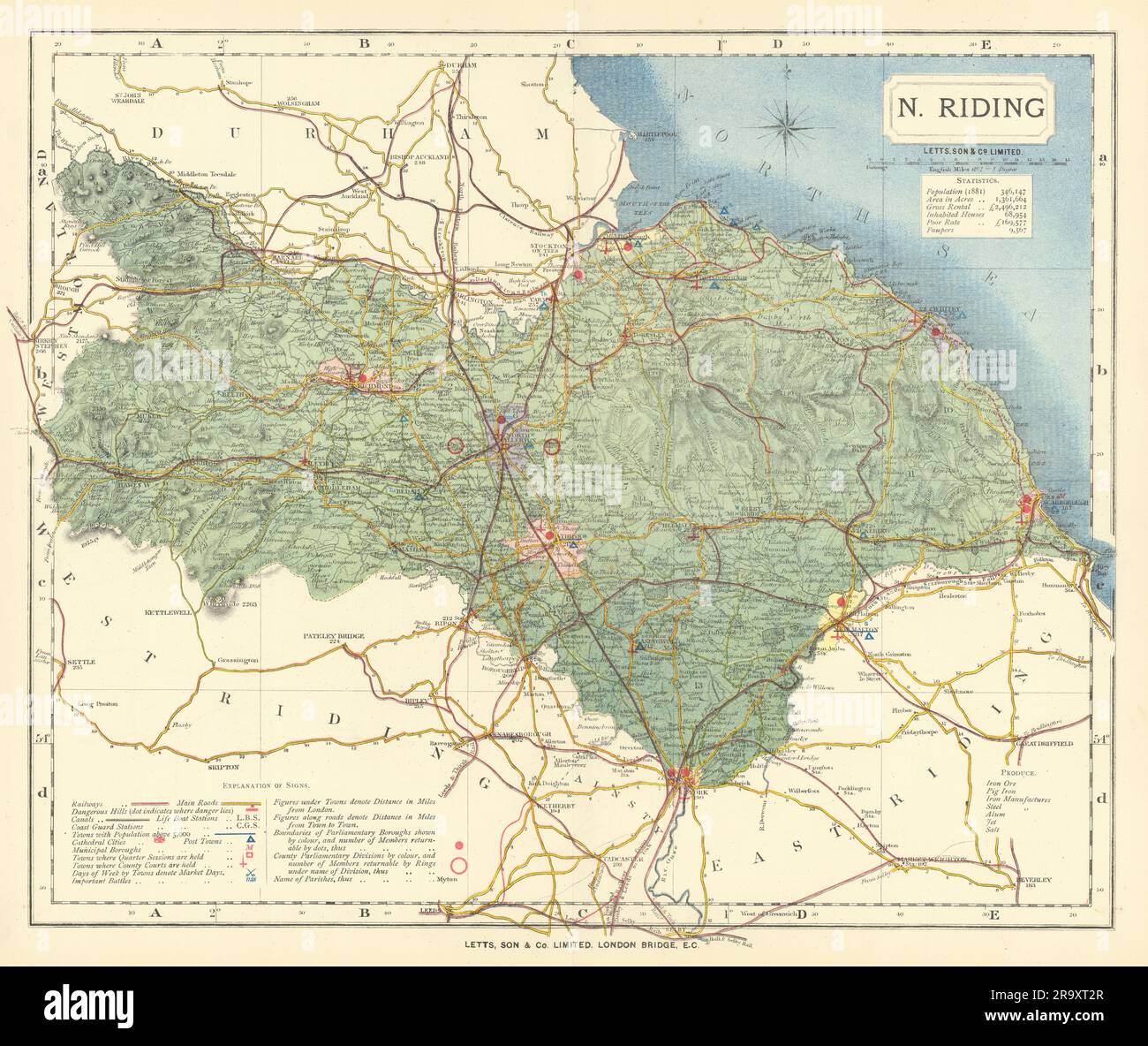 Yorkshire, North Riding county map showing Post Towns & Market Days ...