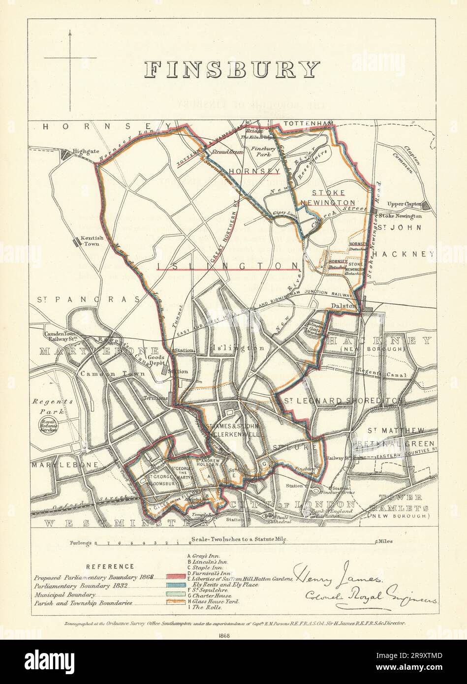 Finsbury, London. JAMES. Parliamentary Boundary Commission 1868 old map ...