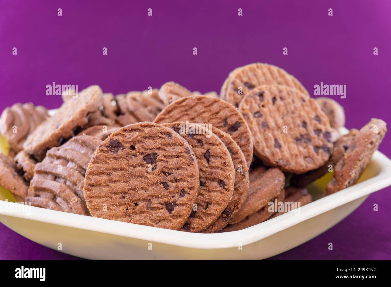 Very Close-Up View Of Stack Of Manny Chocolate Chip Cookies Or Biscuits ...