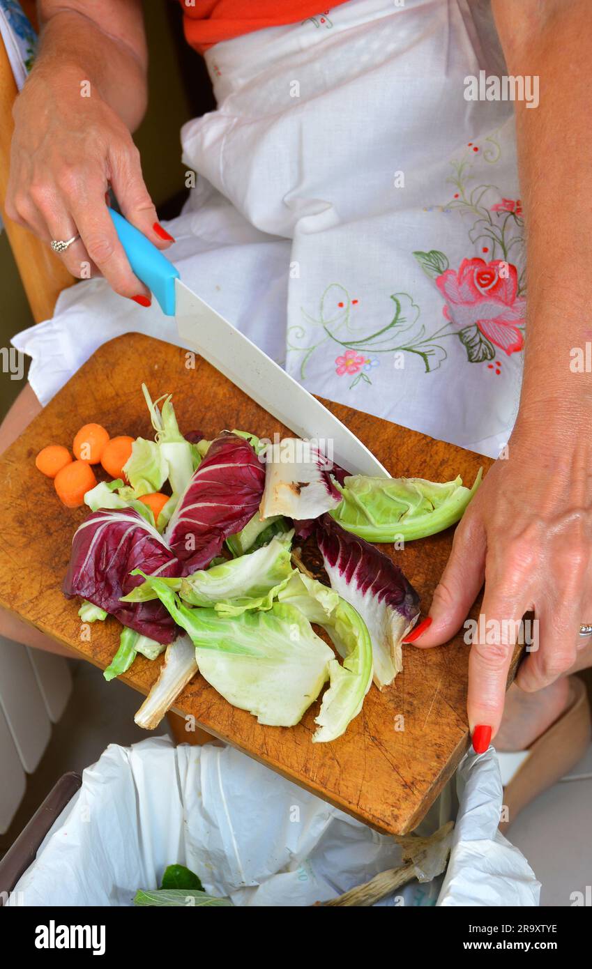 Detail of a female hand disposing of organic waste in a proper bin with ...