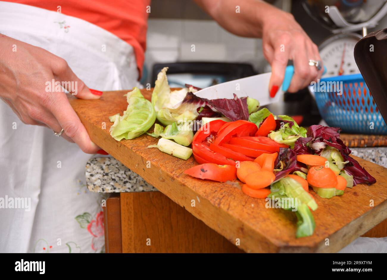 Detail of a female hand disposing of organic waste in a proper bin with ...