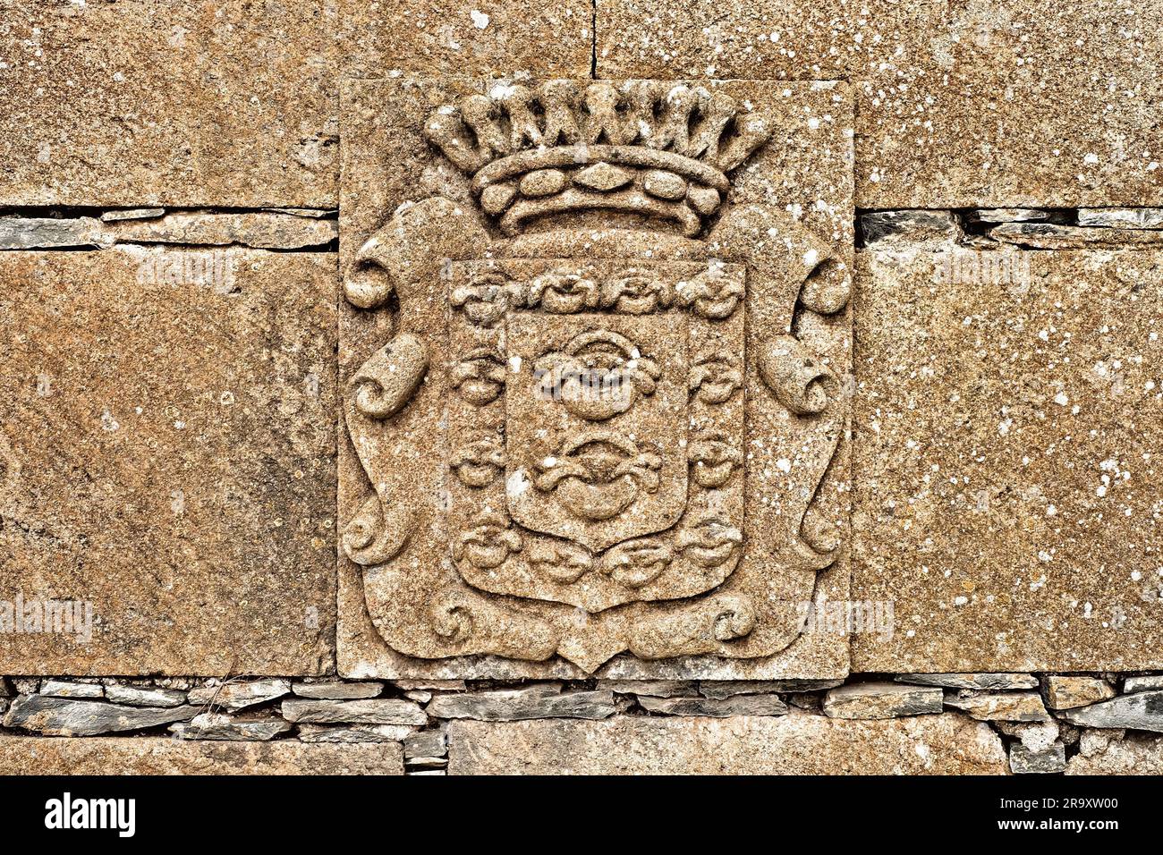 City emblem, coat of arms in stone relief, Medieval decorative art ...
