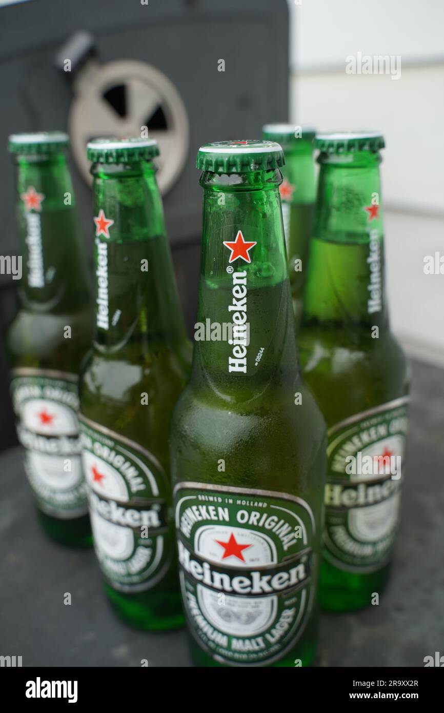 Rockford, IL -27 june2023 :Heineken, Beer. A Heineken beer bottle on a ...