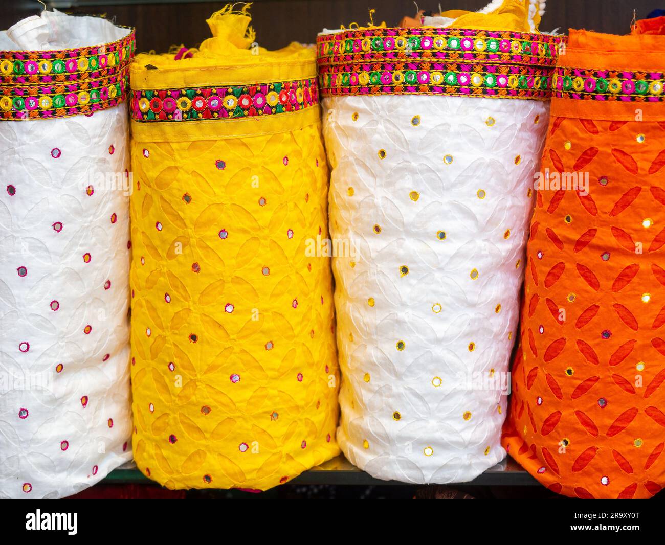 Colorful indian female cloths stack in wholesale shop in India Stock ...