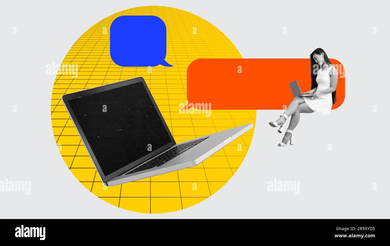 Young woman communicating online with laptop, sending text messages ...