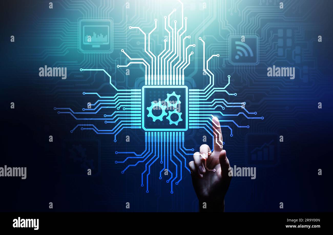 Gears mechanism on virtual screen. Automation and business process flow ...