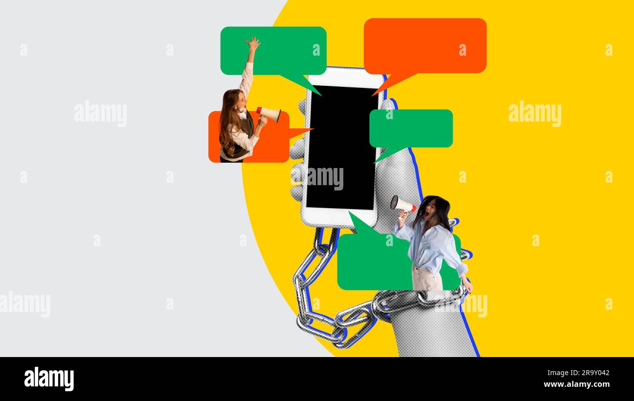 Mass media addiction and propaganda. Mobile phone connected with hand ...